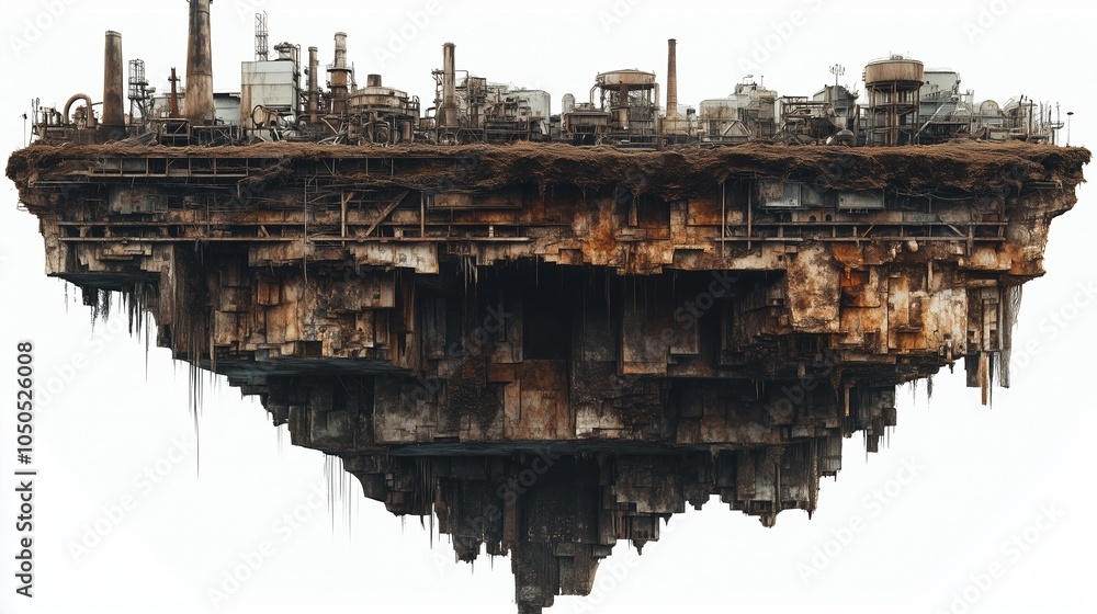 Industrial junkyard with piles of old machinery and scrap metal, with ...