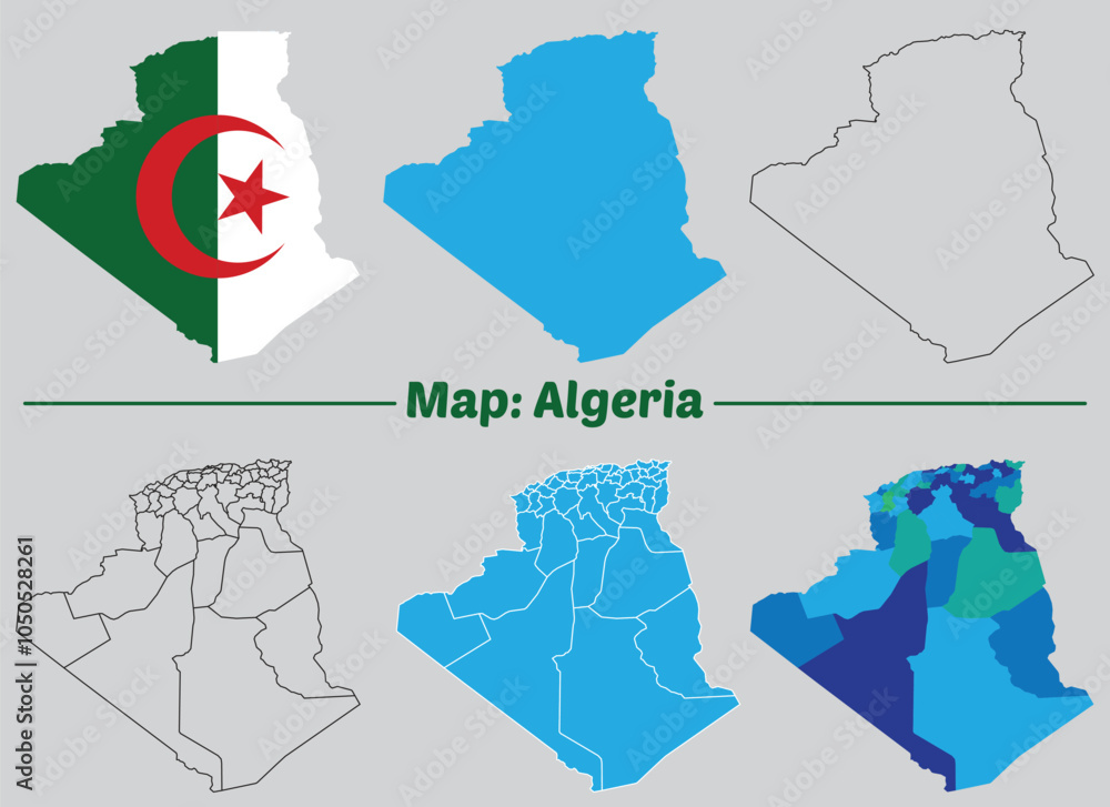 Algeria country map set. internal provinces borders marked, Simple map ...