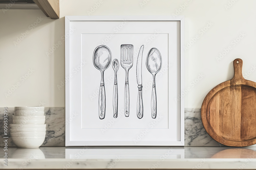 A simple yet detailed drawing of kitchen utensils is framed in white ...