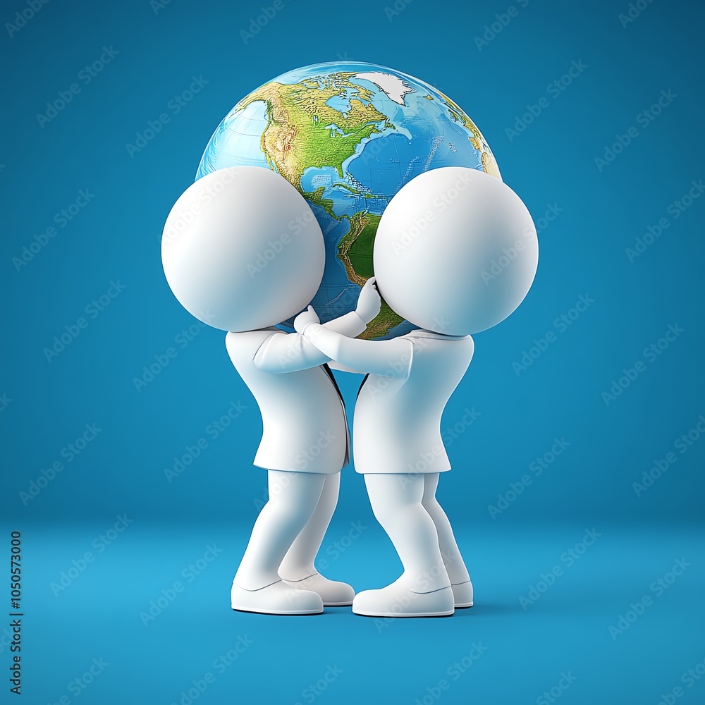Two figures are lifting a globe together, symbolizing teamwork ...