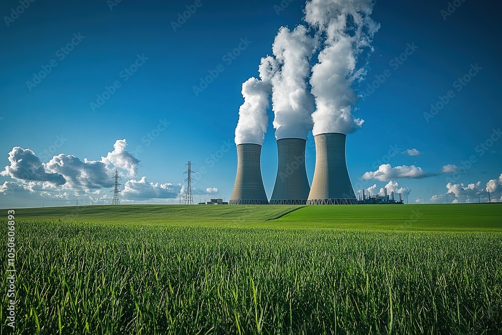 Nuclear power plant cooling towers releasing steam over a green field ...