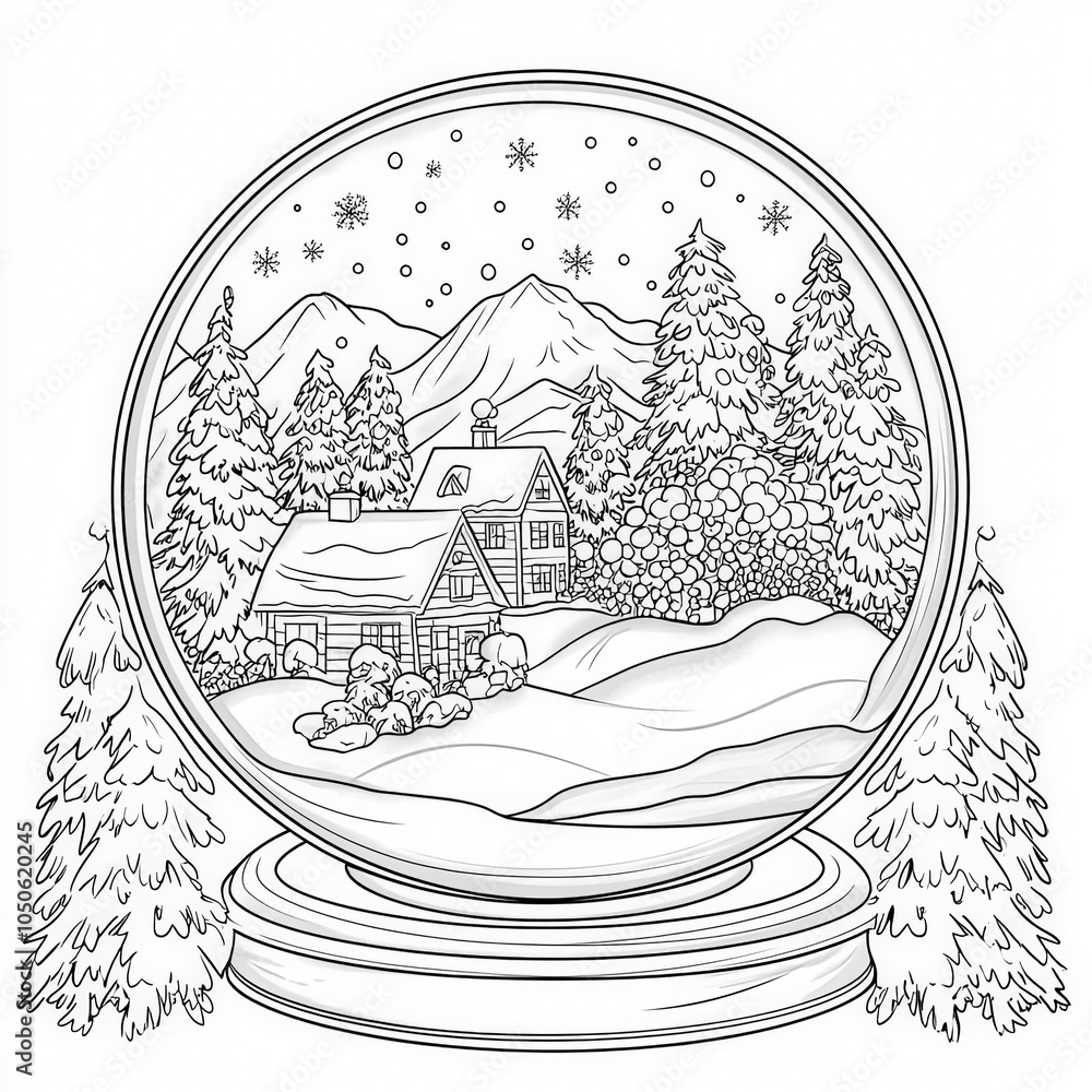 A snow globe with a winter scene inside, coloring page for kids, simple ...