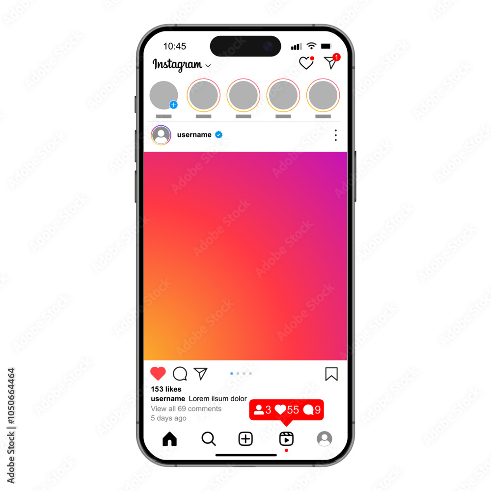 Instagram social network post user interface with notification icons in ...