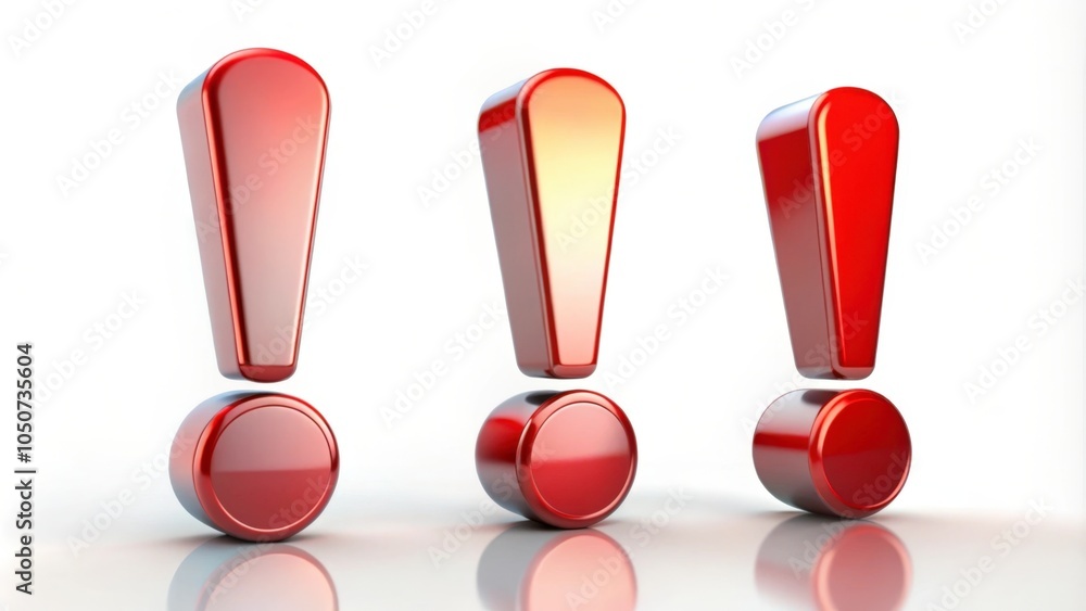 Three dimensional red exclamation marks are standing on white ...