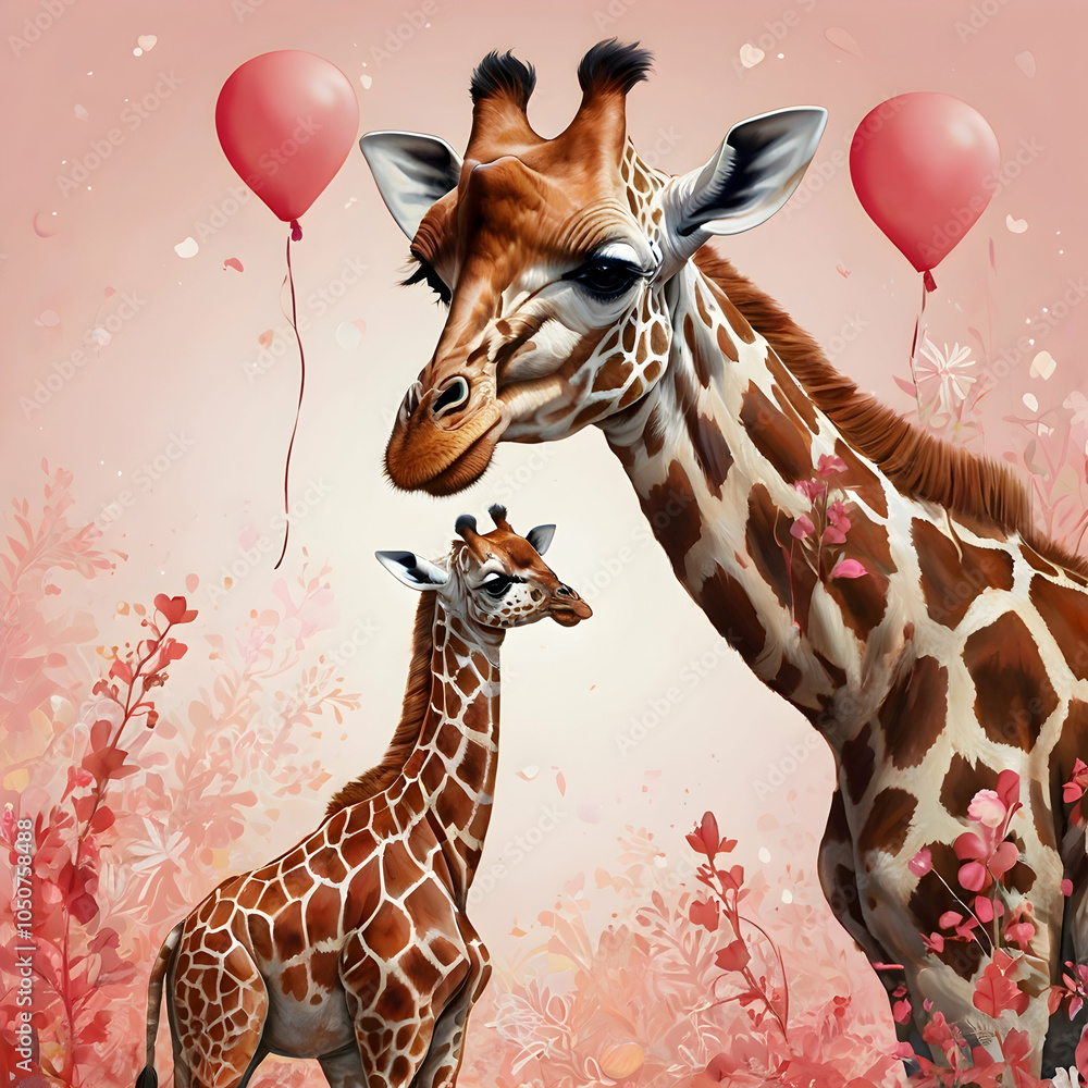 An intimate, beautifully illustrated scene of a mother giraffe and her ...