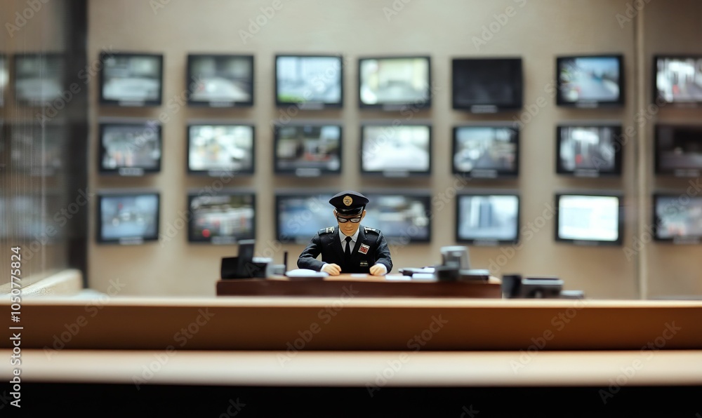 Security guard watching surveillance monitors. Stock Illustration ...