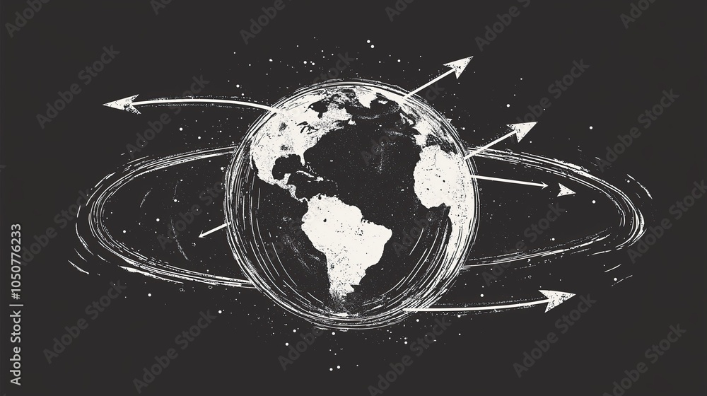 Illustration of a black and white globe with arrows representing global ...