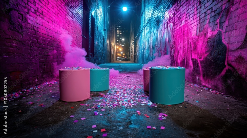 The vibrant alley is filled with clouds of colorful smoke, confetti ...