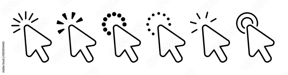 Computer mouse click cursor black stroke outline arrow icons set. Arrow ...