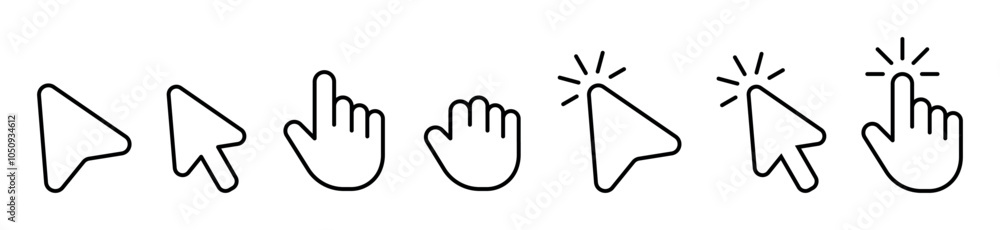 Vector de Stock Computer mouse click cursor black arrow stroke outline line set and loading ...