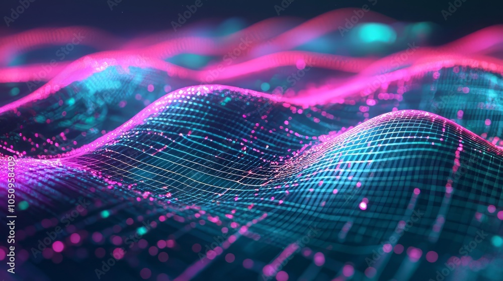 Futuristic digital landscape with neon pink and teal waves, resembling ... Futuristic digital landscape with neon pink and teal waves, resembling ...