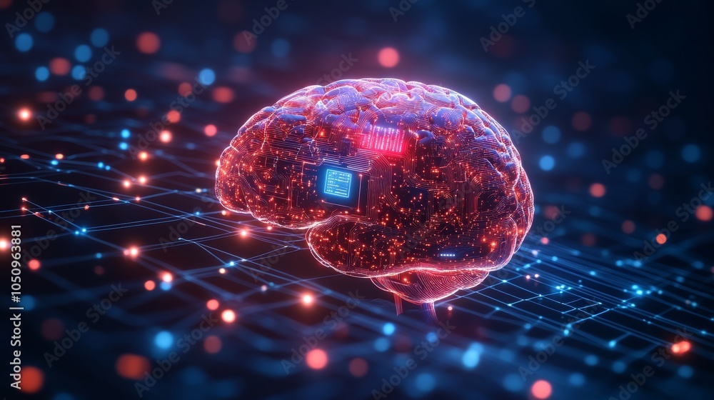 Detailed brain diagram with an implanted chip, data visualization lines ... Detailed brain diagram with an implanted chip, data visualization lines ...