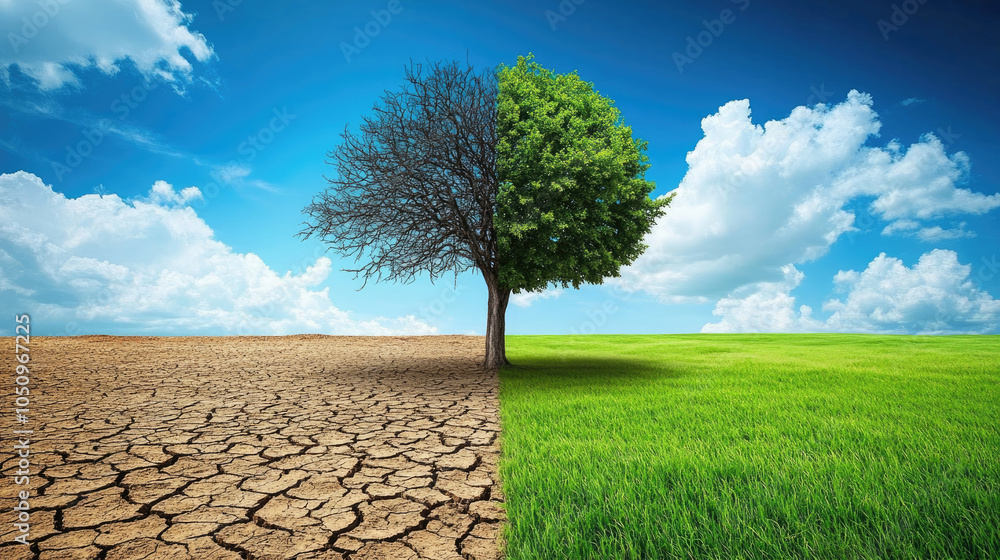 A tree is shown in two different stages, one with dry, barren soil and ...