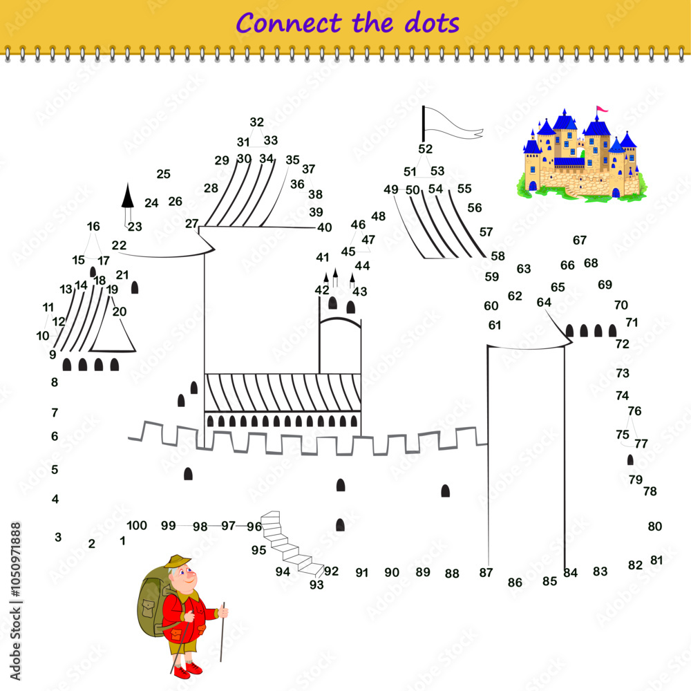Connect the dots from 1 to 100 and draw the old castle. Trace the line ...