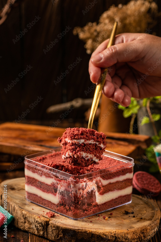 Red velvet rainbow cake scooped into small square containers Stock ...