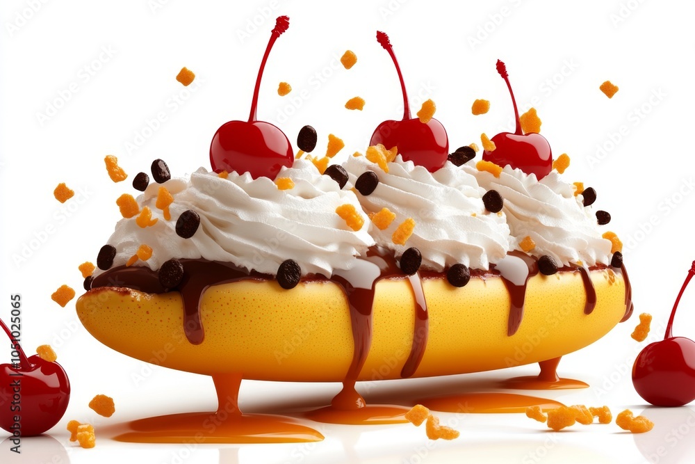 a 2D cartoon illustration of a banana split with whipped cream and ...