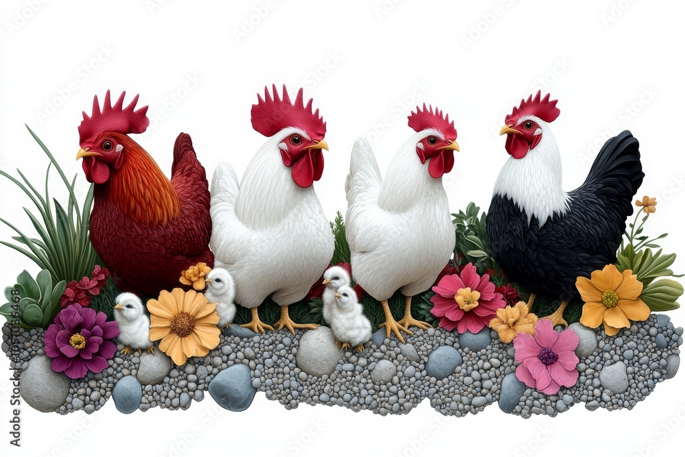 a 2D cartoon illustration of a chicken coop with hens and chicks farm ...