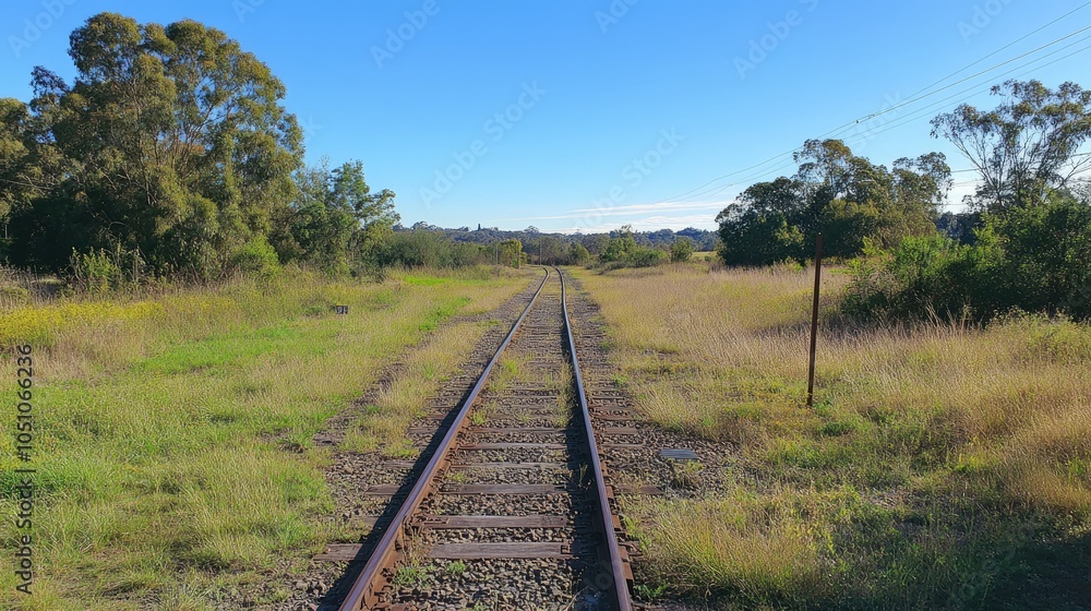 A distant view of a railway switch system where the tracks split into ...