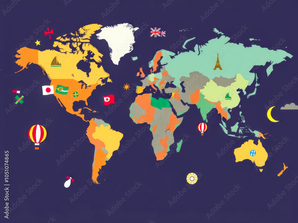 A colorful world map with many flags and balloons. The map is divided into different regions and ...