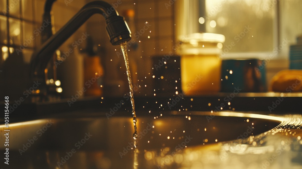 Slow-dripping pipe joint in a kitchen, with focus on droplets ...