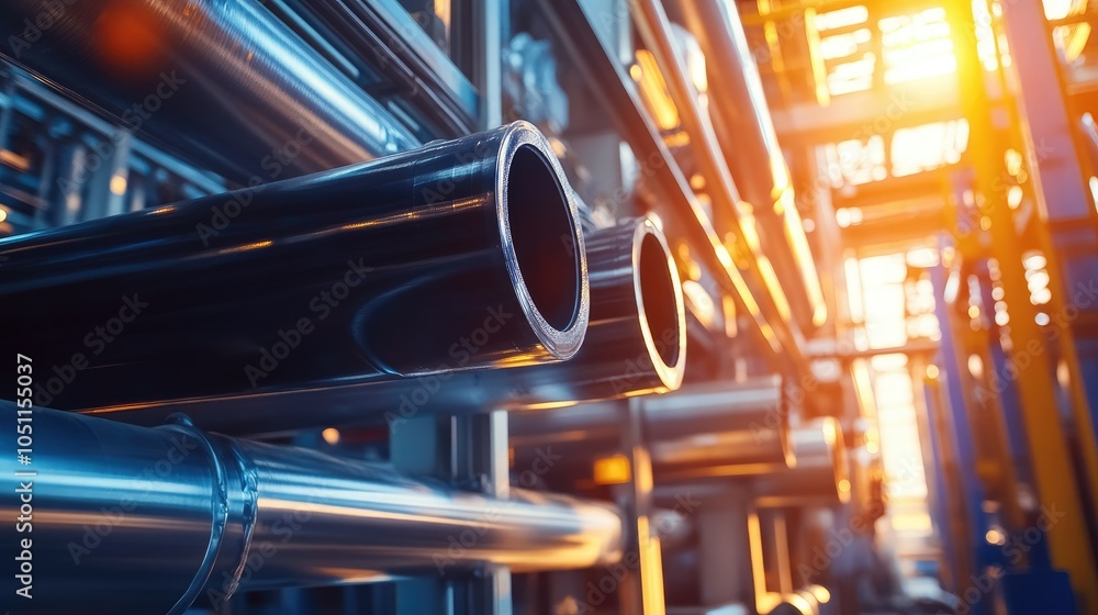 Stack of industrial HDPE pipes in a PE pipe plant, background for gas ...