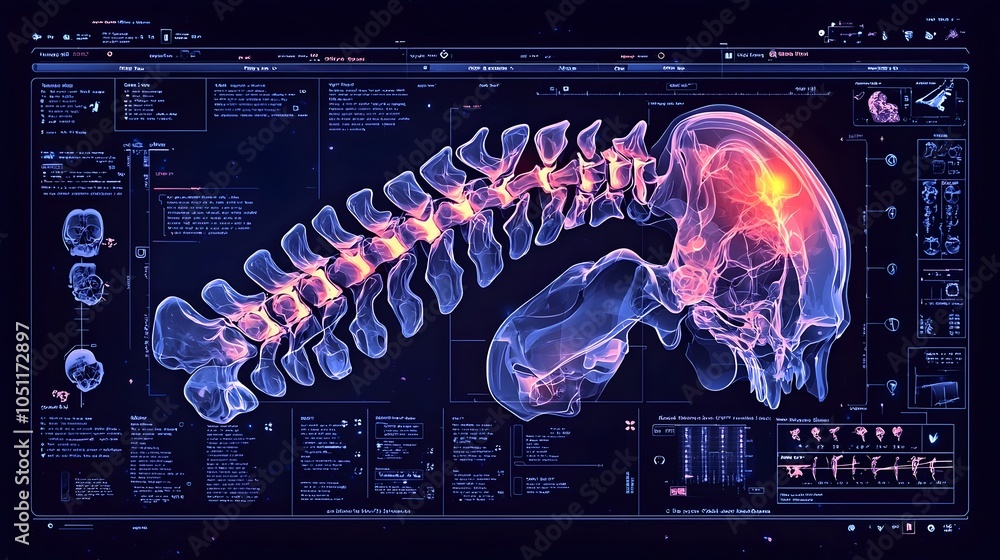 Minimalist digital depicting an x ray scan showing skeletal ...