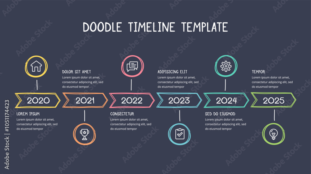 Hand drawn timeline template with six arrows, doodle infographics, dark ...