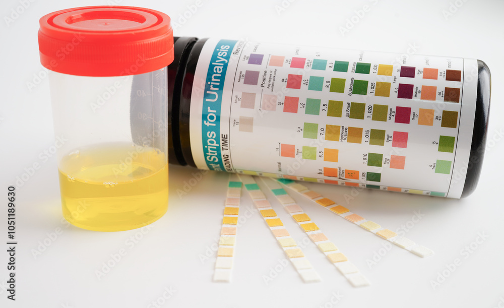 Urinalysis, urine cup with reagent strip pH paper test and comparison ...