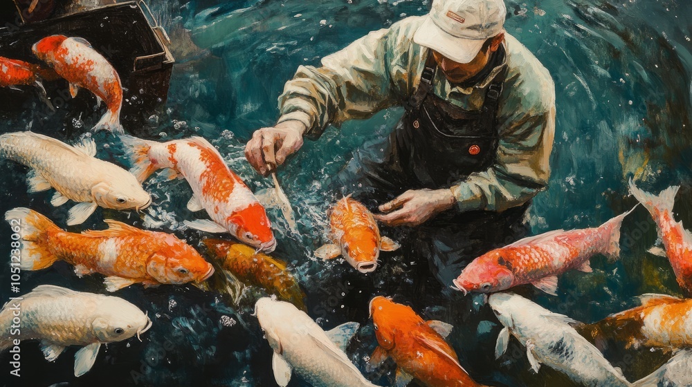 Farming worker monitoring fish growth in aquaculture pond, ensuring ...