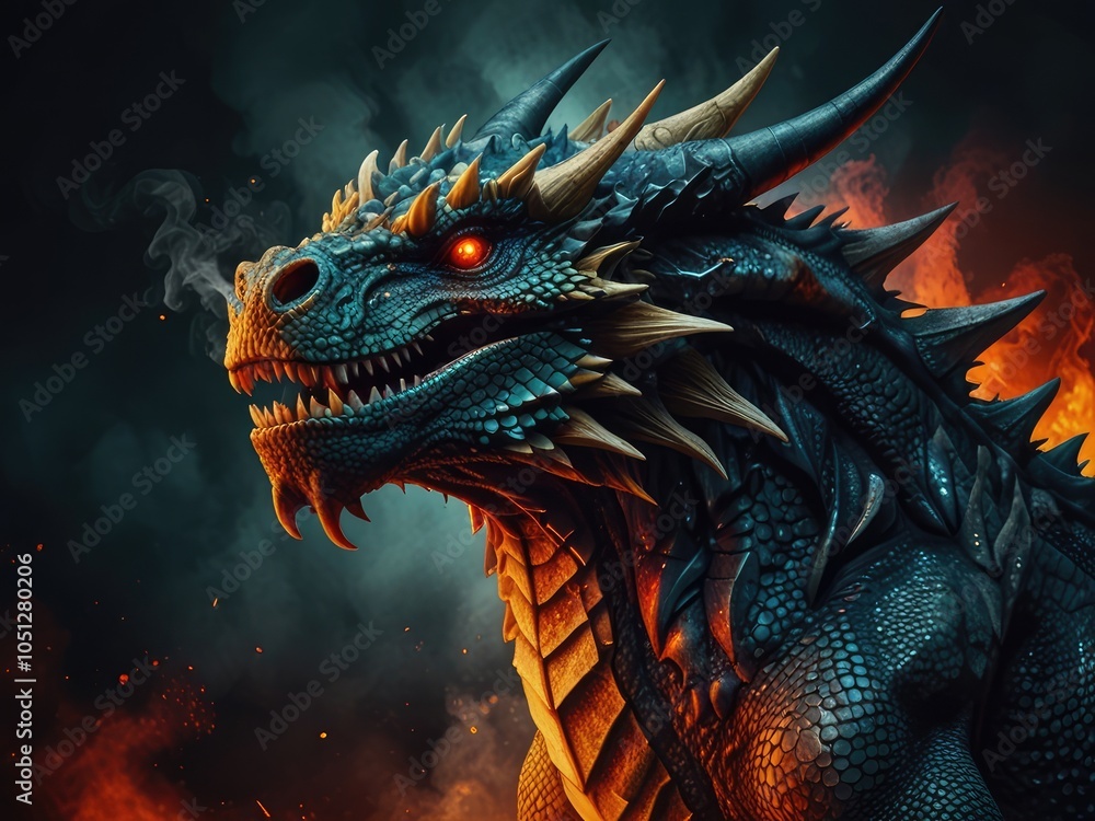 An immense and powerful dragon breathing fire. digital art illustration ...