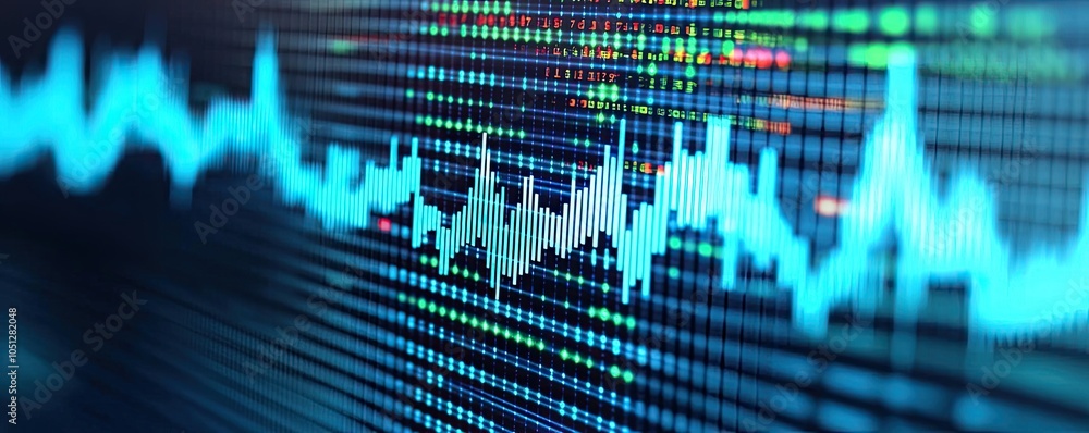 Blue digital data visualization with moving waveforms on screen. Stock ...