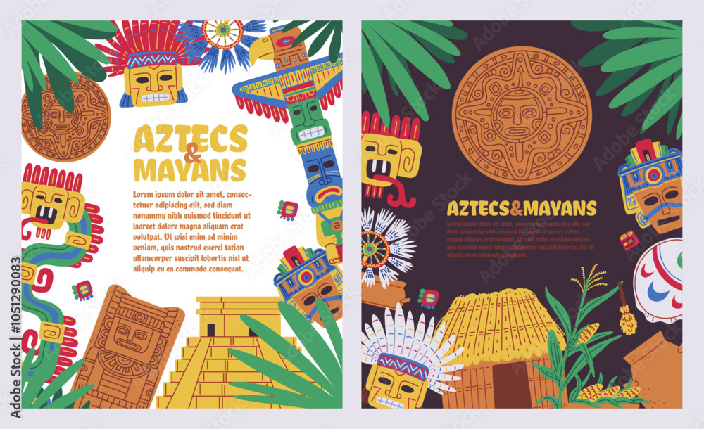 Aztecs and Mayans native ethnic culture vector posters set, traditional ...