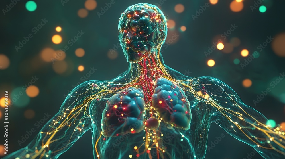 3D illustration of the lymphatic system with nodes and vessels, Human ...