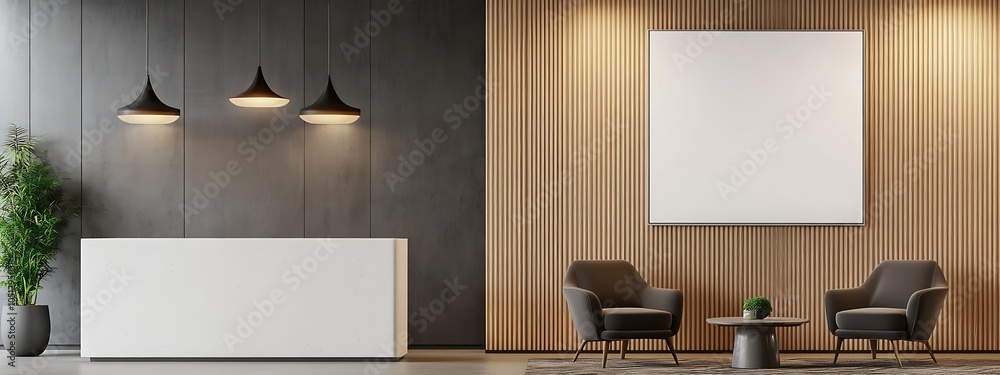 Interior of modern hotel lobby with grey and wooden walls design, tiled ...