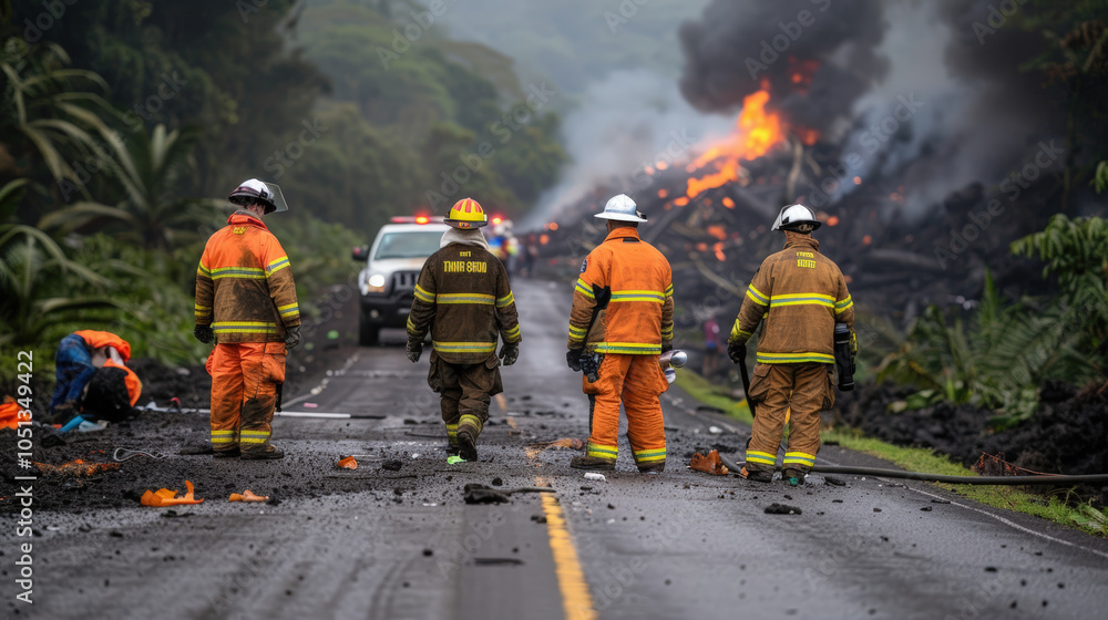 scene depicts firefighters responding to volcanic eruption, showcasing ...