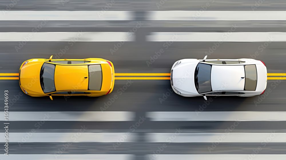 Two cars, one yellow and one white, are driving towards each other on ...