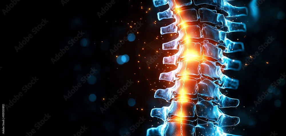 Detailed 3D Xray of a spinal column with glowing areas indicating ...