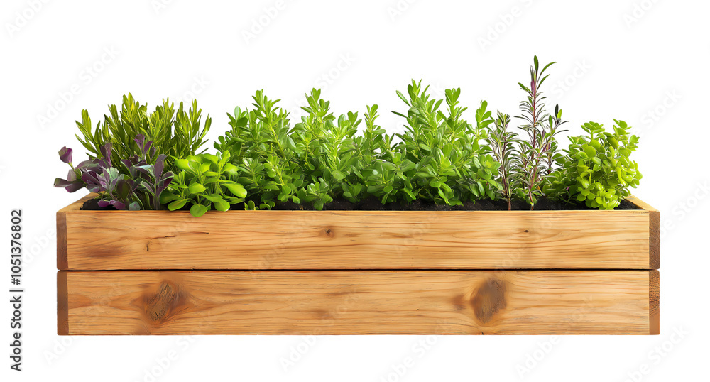 Green Plants in a Rustic Wooden Planter box isolated on transparent ...