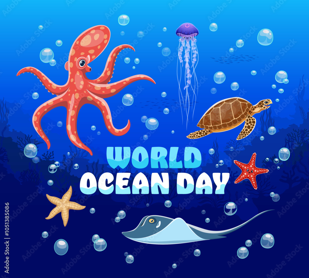 World oceans day banner featuring cartoon octopus, jellyfish, turtle ...