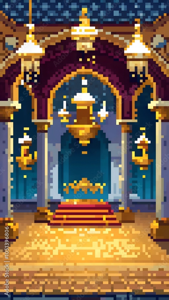 Ornate throne room with arched columns and golden chandeliers pixel art ...