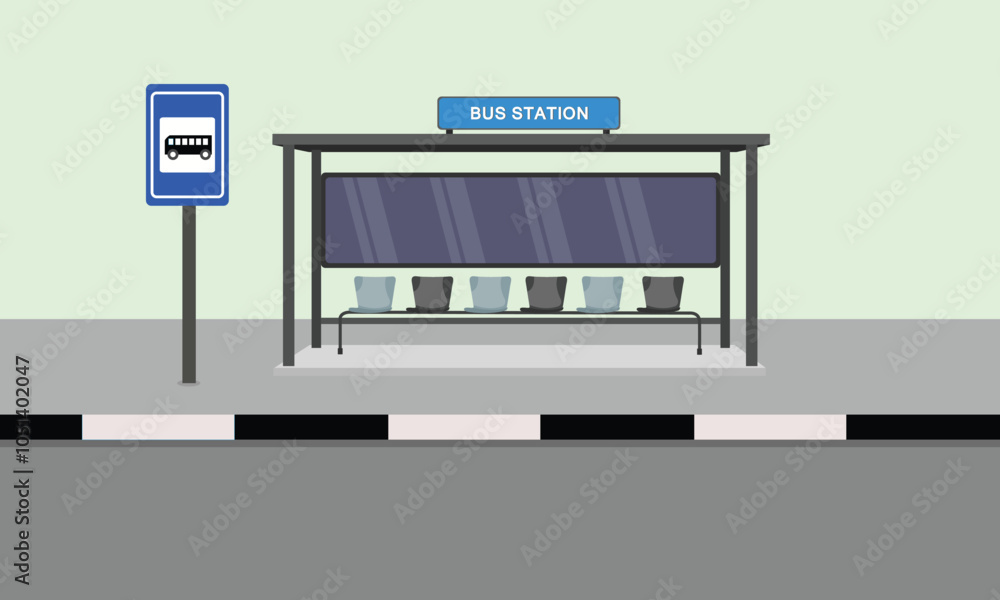 Vector illustration of bus station scene in cartoon flat style. Bus ...
