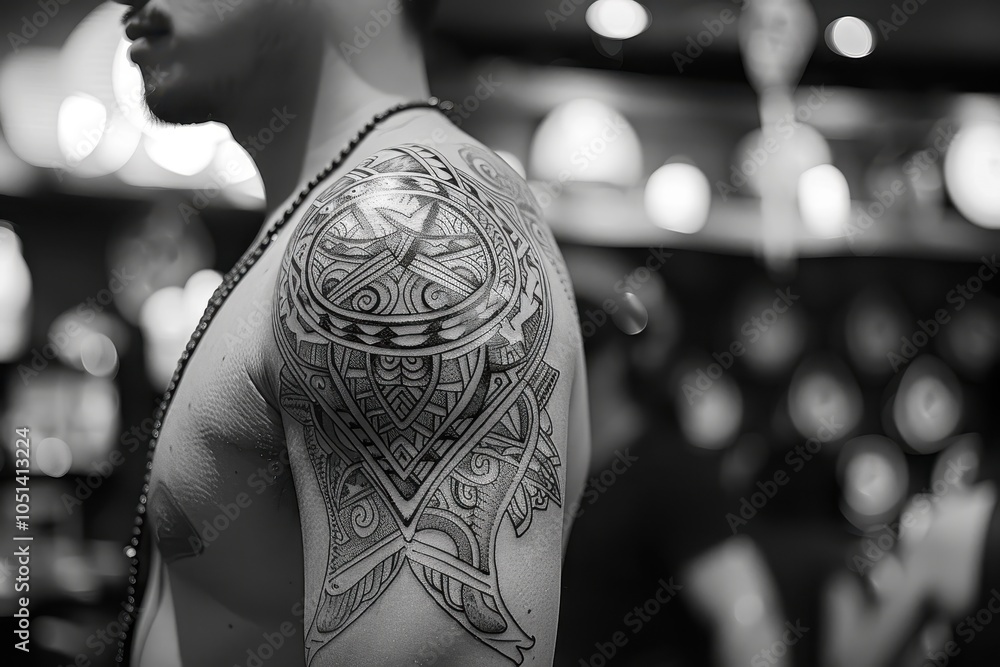 A tribal tattoo design covering the upper arm and shoulder, with bold, sweeping lines and ...