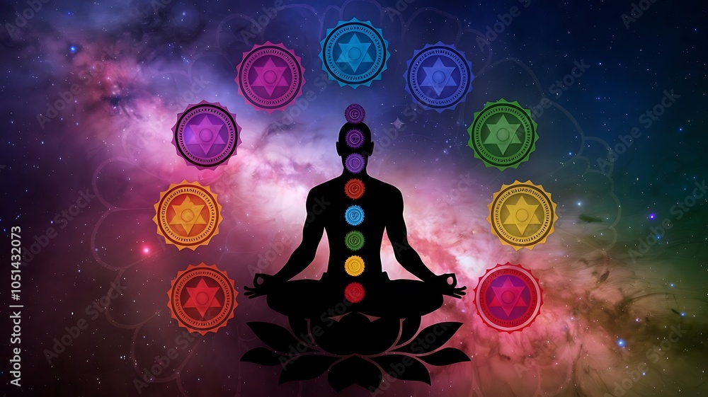 Meditating human silhouette in yoga lotus pose with Ashta siddhi ...