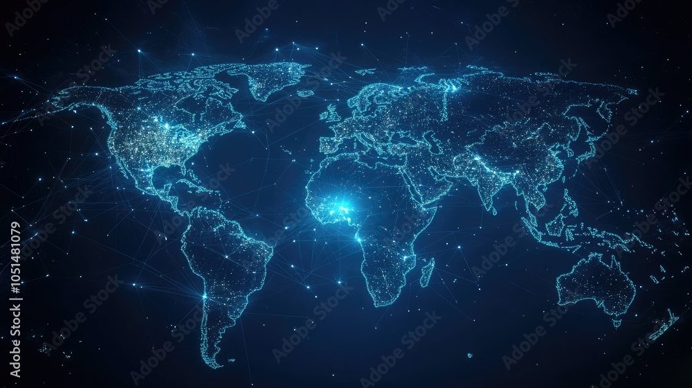 Global connections between continents, shown through a digital network ...