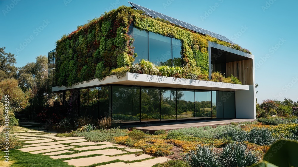 A boxy, eco-friendly house with a living green wall, large windows, and ...