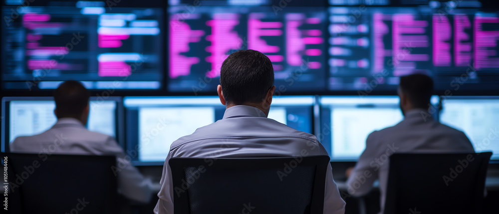 Professionals working in a modern technology control room, monitoring multiple screens with data ...