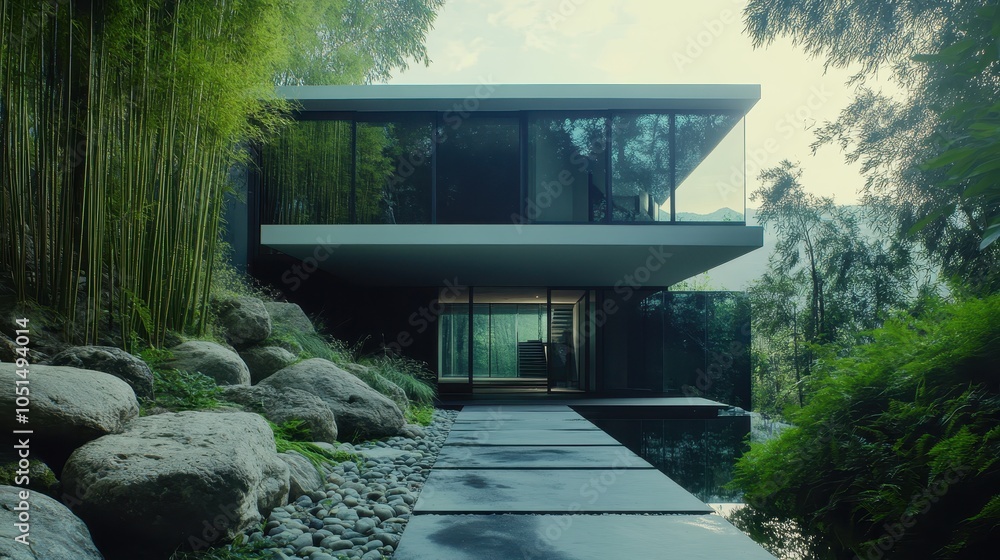 A modern home featuring a cantilevered second story held up by stilts ...
