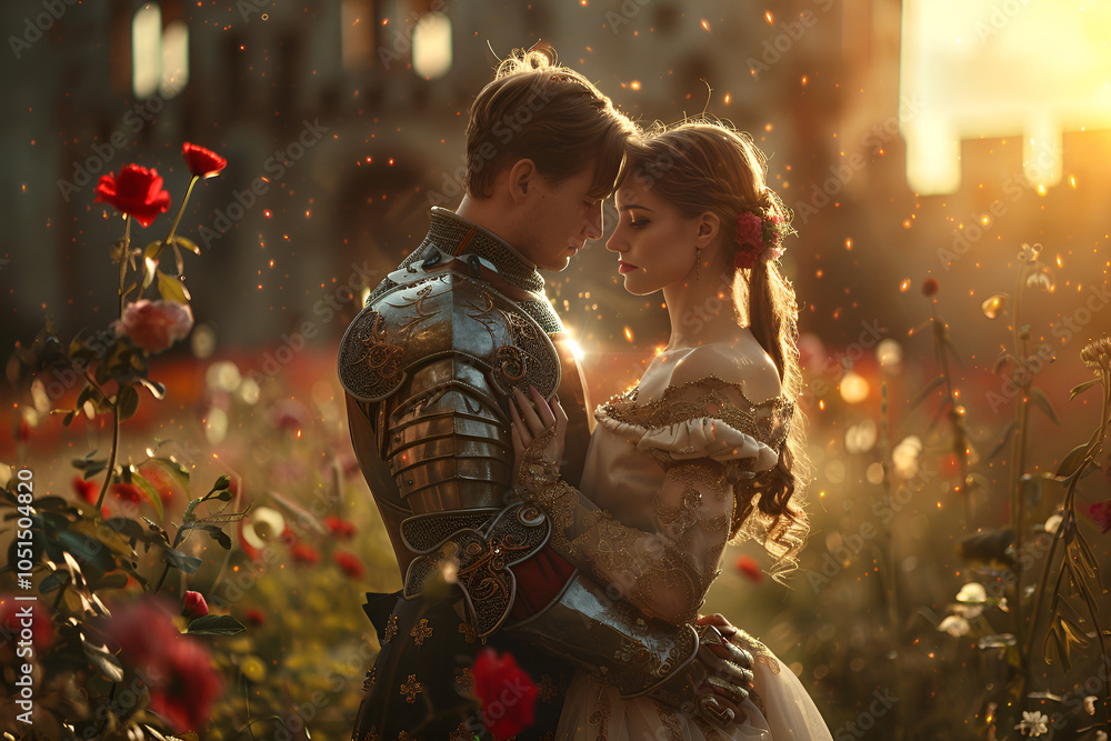 A beautiful princess in medieval dress and her handsome knight ...