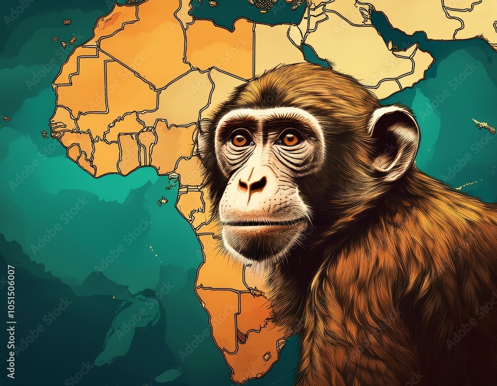 Chimpanzee in front of an african map, indicating viral disease ...
