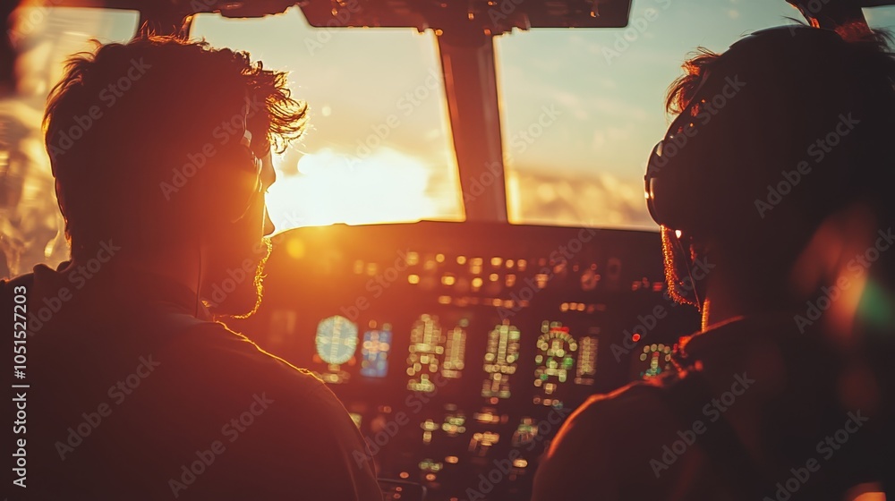 Pilots navigating an airplane in the cockpit, focus on controls ...
